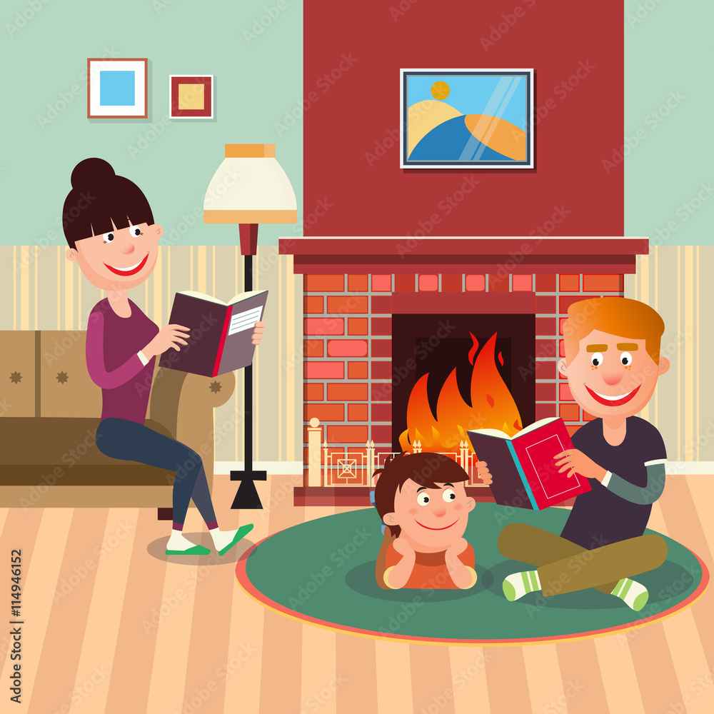 Father Reading Book to his Son near Fireplace. Mother Reading Book ...