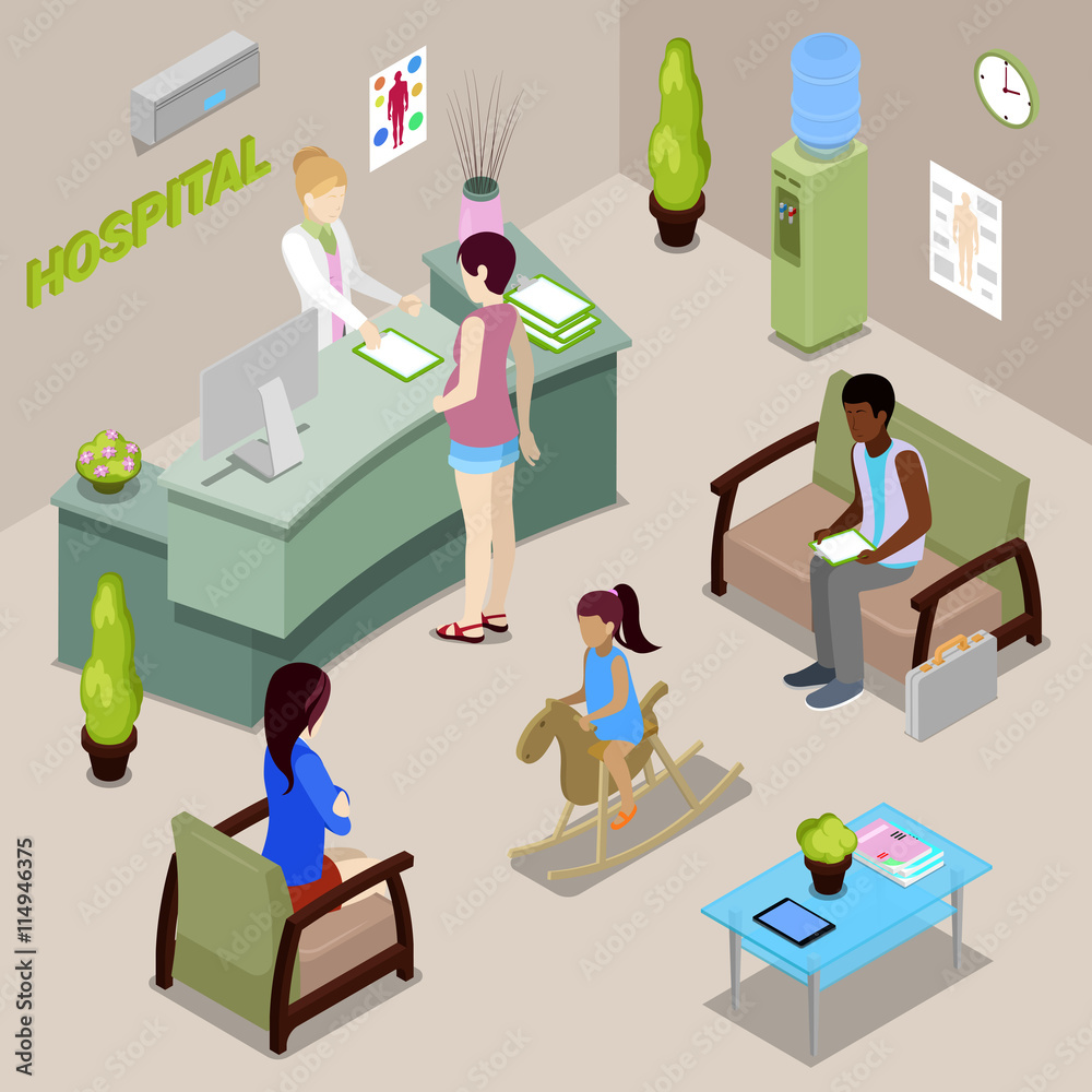 Hospital Hall Interior with Nurse and Patients. Woman Sign Up at ...