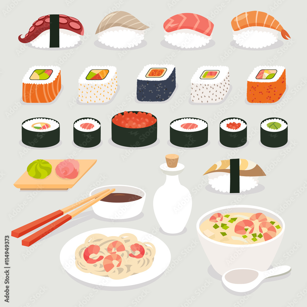 Sushi set. Sushi vector cartoon style.Japanese food objects set vector ...
