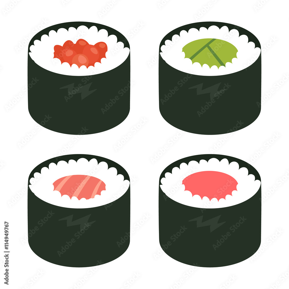 Simple sushi roll vector set. Japanese food. Sushi roll cartoon style ...