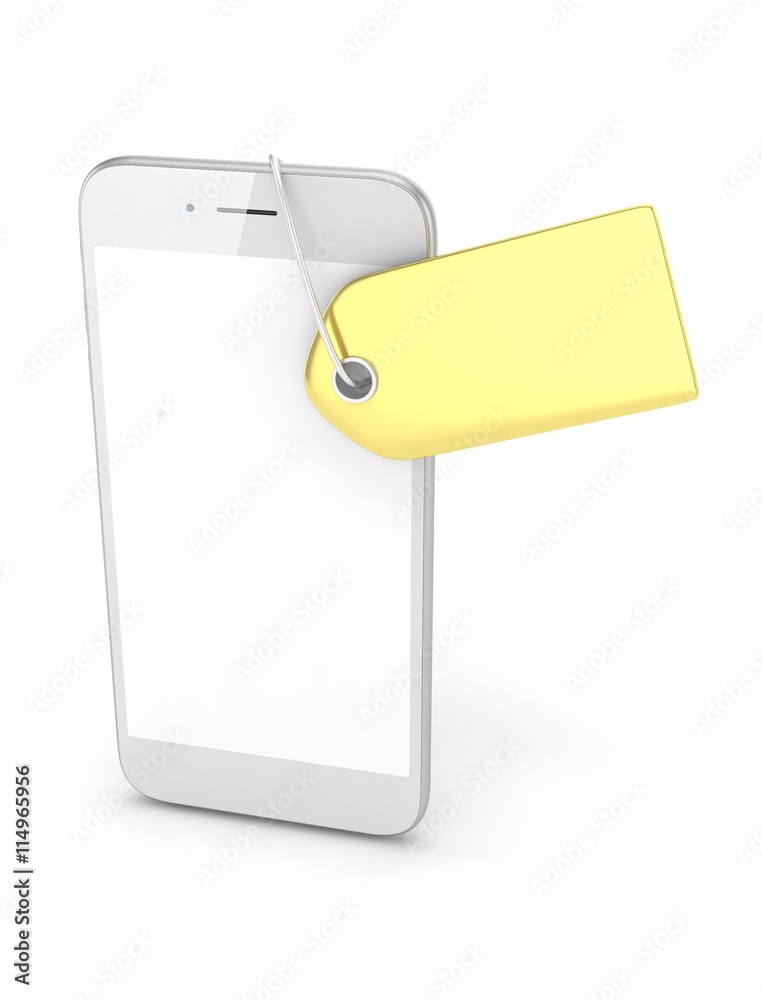 White smart phone with golden price tag on white background ...
