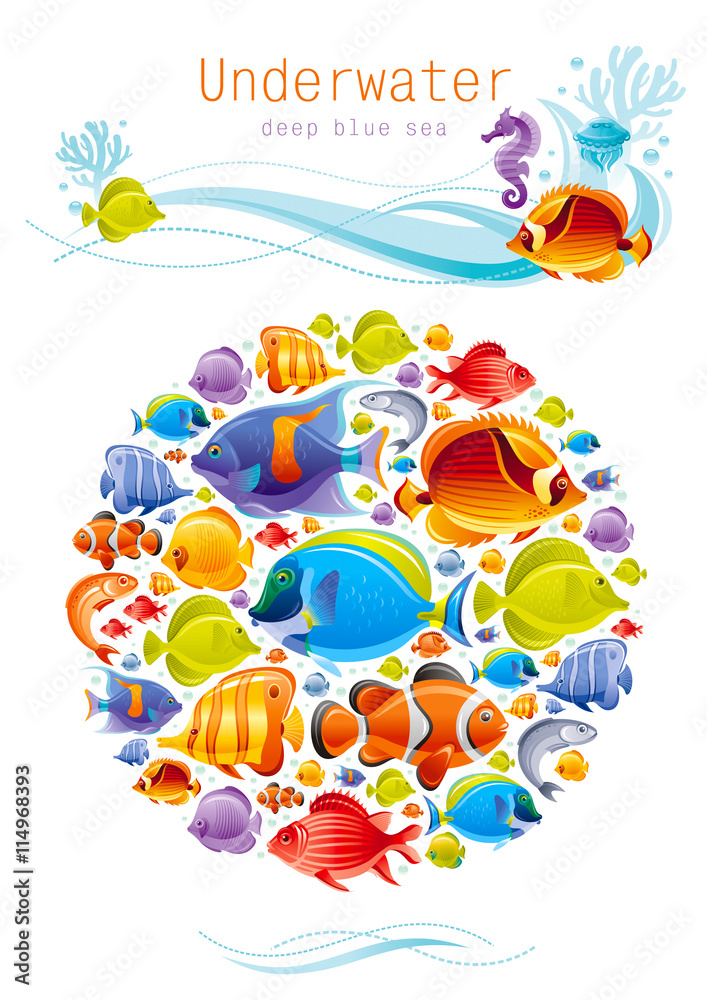 Sea summer travel poster design with tropical seafood fishes icon set ...