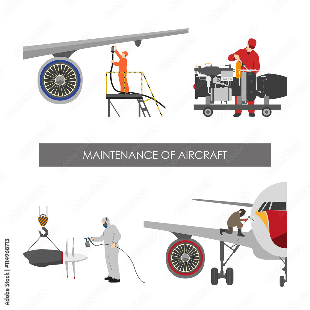 Repair and maintenance aircraft. Workers in overalls repair plan Stock ...
