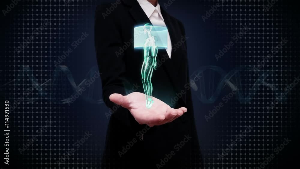 Businesswoman open palms, Zooming Human skeletal structure, bone system ...