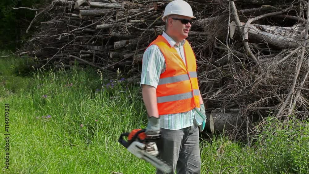 Angry Lumberjack with chainsaw talking near the pile of branches Stock ...