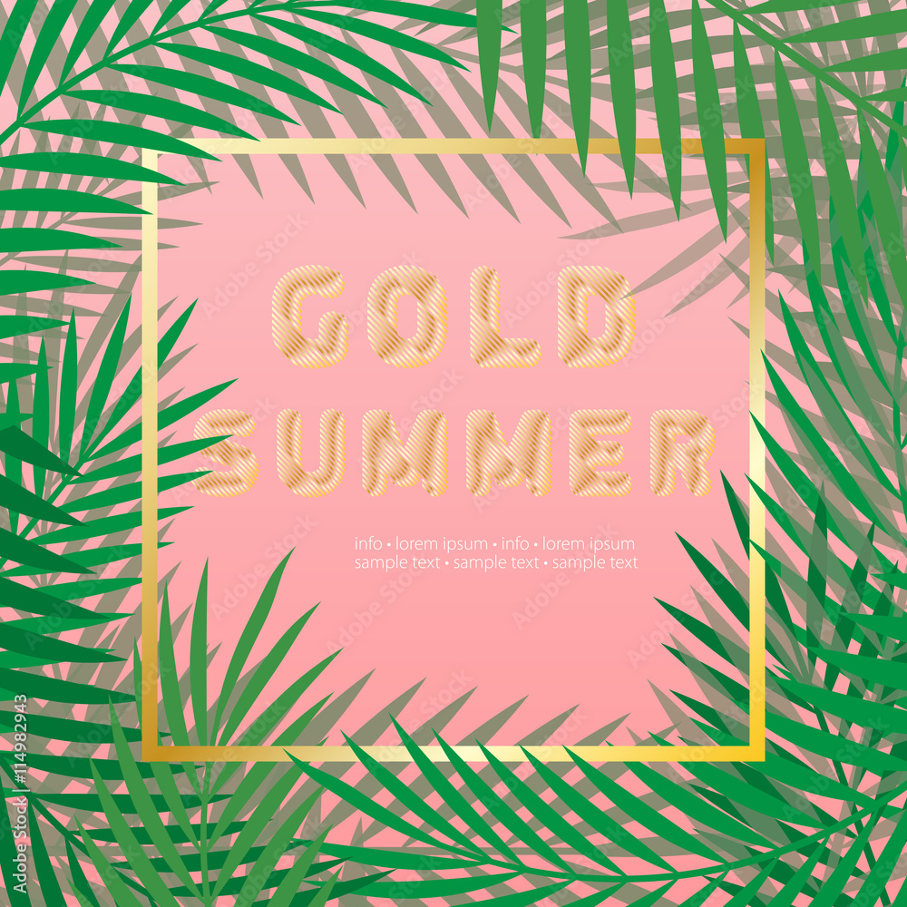 Border Designed In Palm Leaves On A Pink Backdrop Striped Text Written border-designed-in-palm-leaves-on-a-pink-backdrop-striped-text-written