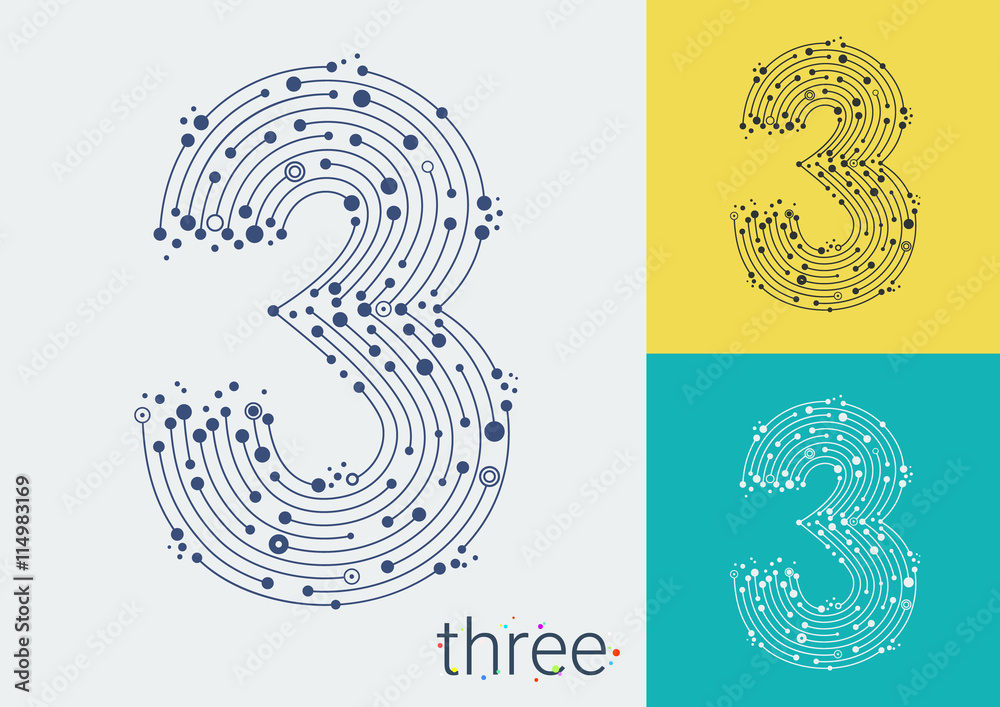 Vector number three on a bright and colorful background. Mathematical ...