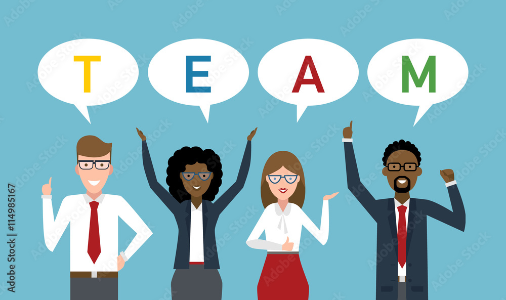 Teamwork concept. Four businessmen with colorful speech bubbles ...