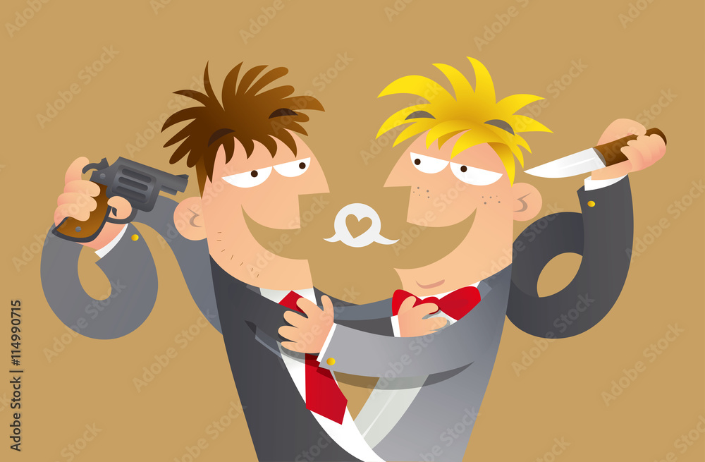 Cartoon illustration of concept of False friends. Two men make a hug to ...