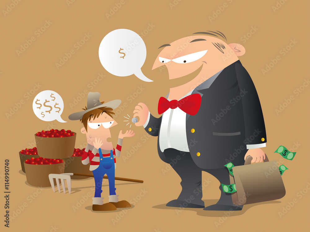 Cartoon illustration of concept of unfair trade. A hard-working coffee ...
