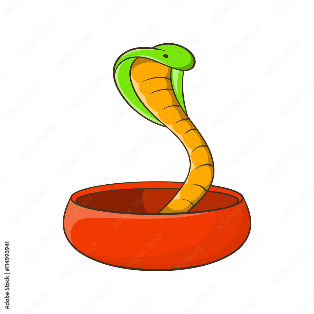Cobra snake coming out of a bowl icon in cartoon style on a white ...