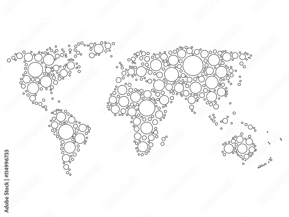 World map mosaic of white dots with black outline in various sizes on ...