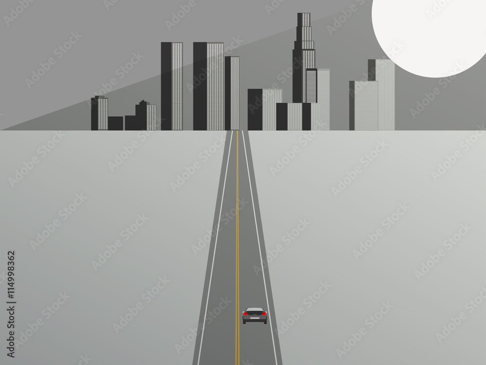 The road to the city in the distance. Black and white vector ...