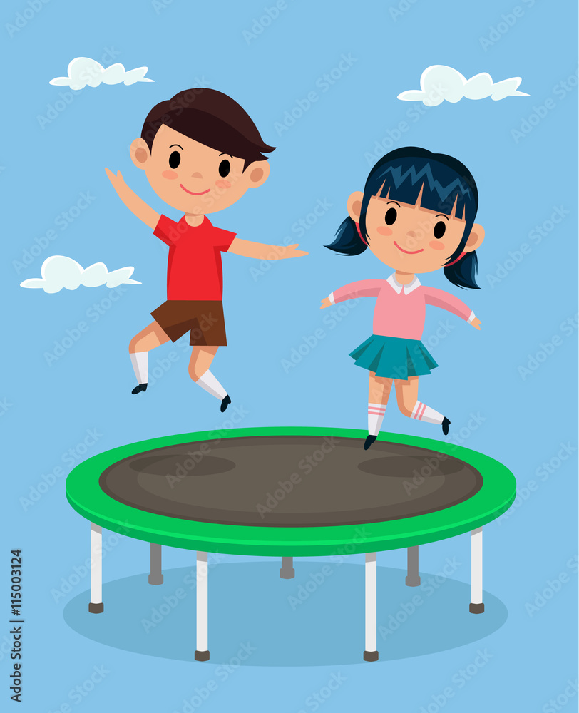 Kids jumping on trampoline. Vector flat cartoon illustration Stock ...
