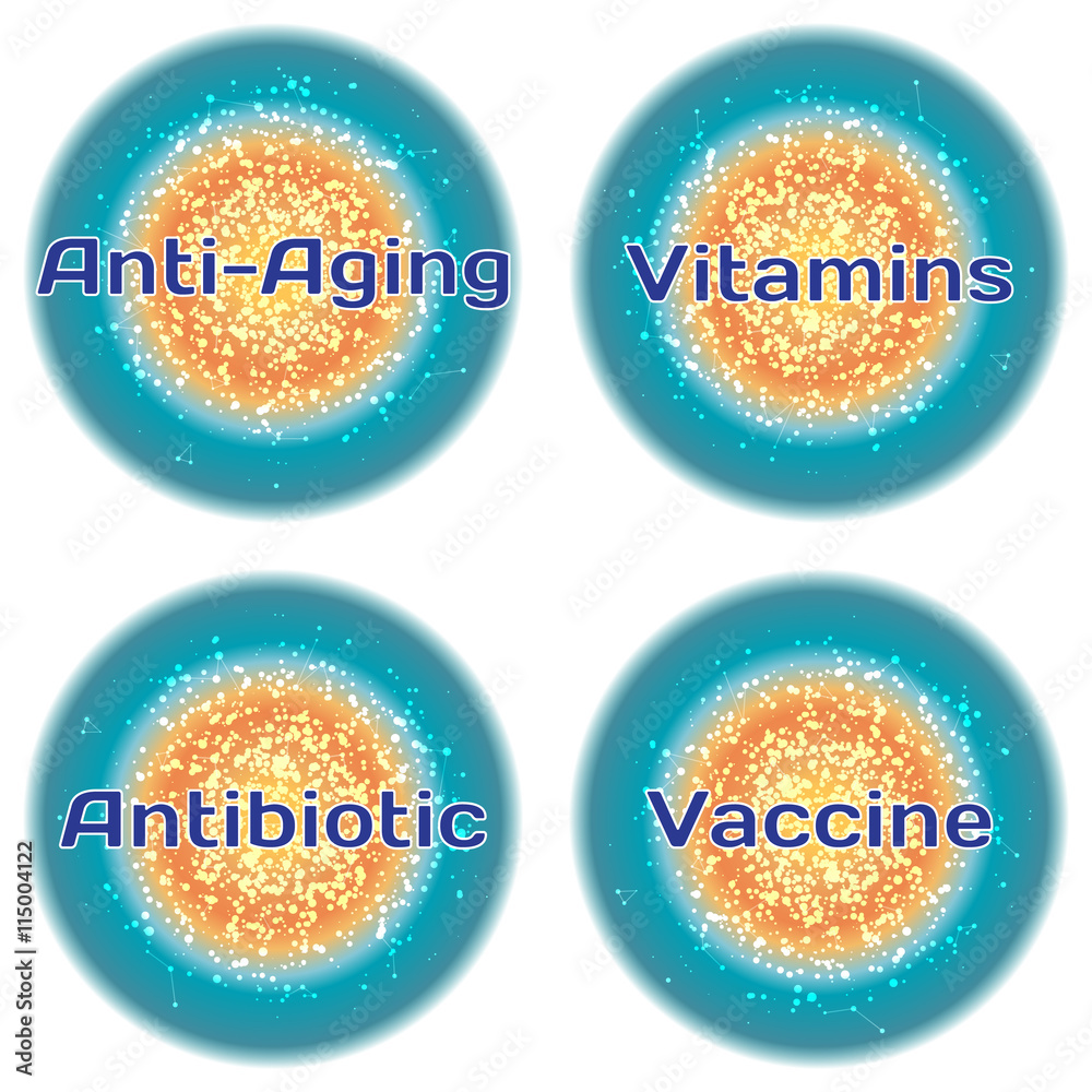 Word Anti-Aging. Vitamins. Antibiotic. Vaccine. Health concept with ...