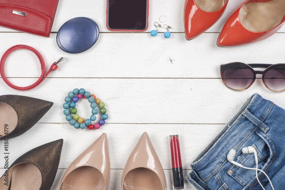 Women clothing set and accessories on light background.Top view ...