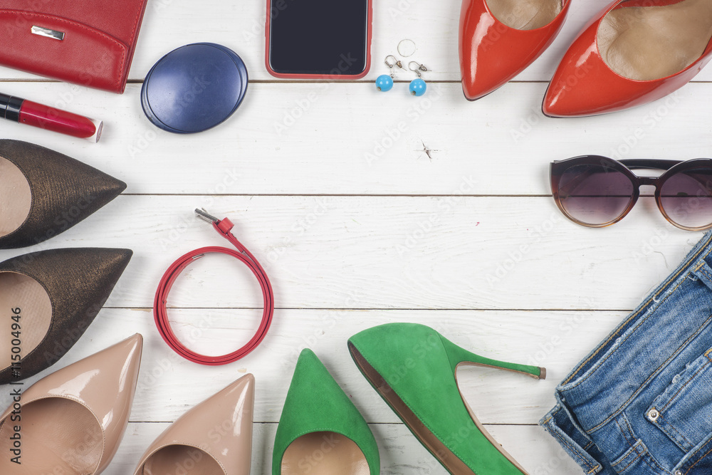 Women clothing set and accessories on light background.Top view ...