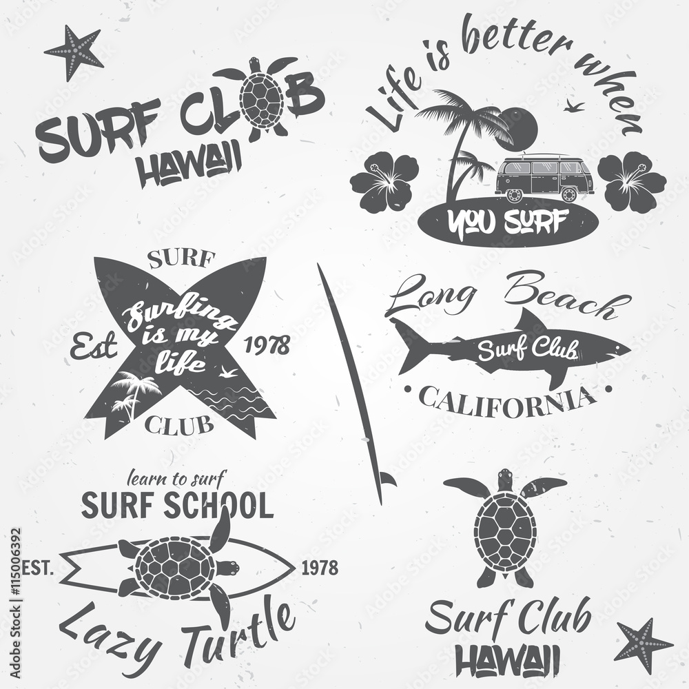 Set of retro vintage badges and labels. Vintage surf club elements ...