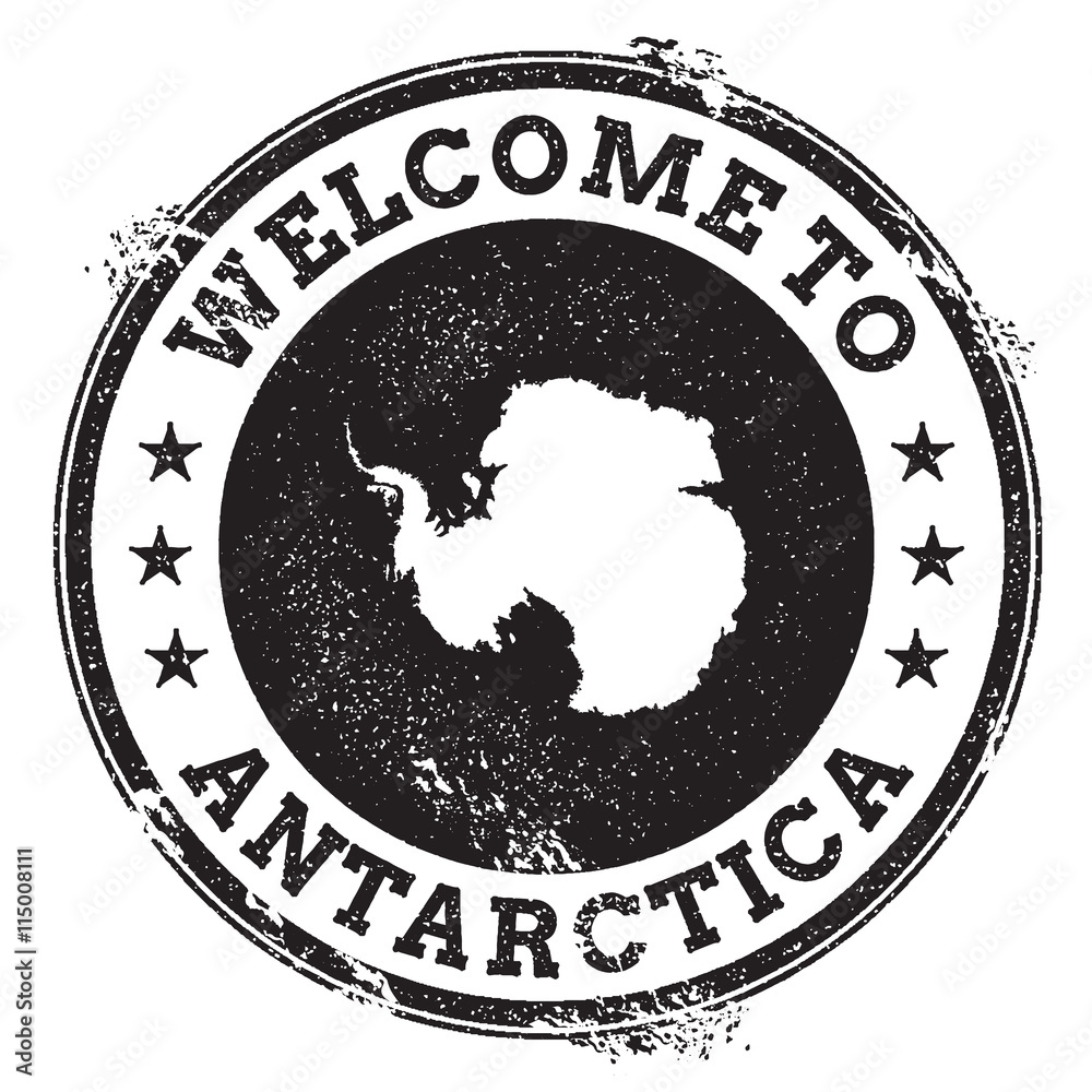 Vintage passport welcome stamp with Antarctica map. Grunge rubber stamp ...