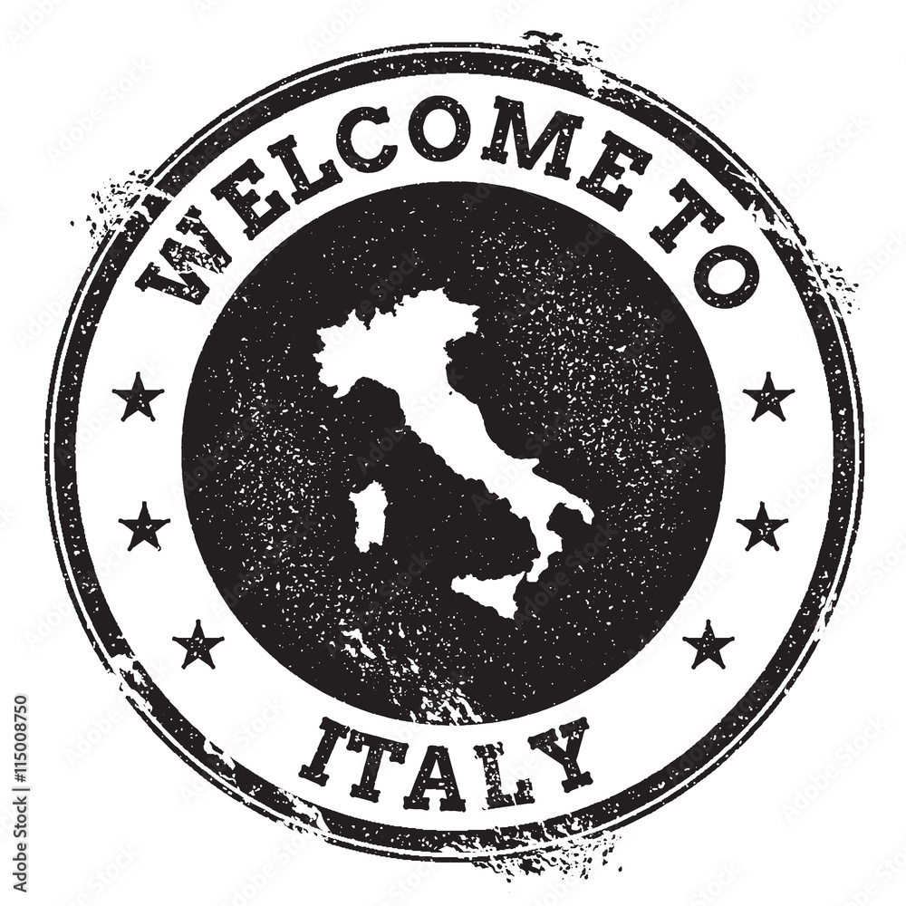 Vintage passport welcome stamp with Italy map. Grunge rubber stamp with ...