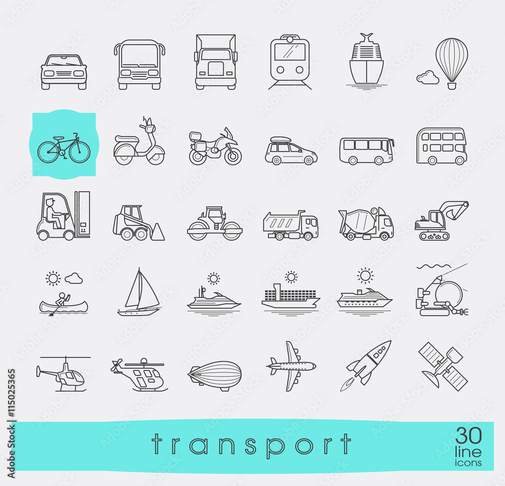 Set of transportation icons. Various means of transportation road, rail ...