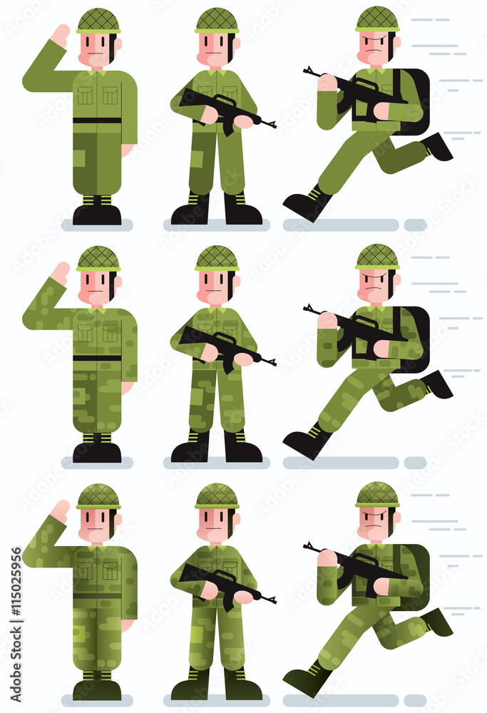 Soldier / Flat design illustration of soldier in 3 poses and 3 color ...