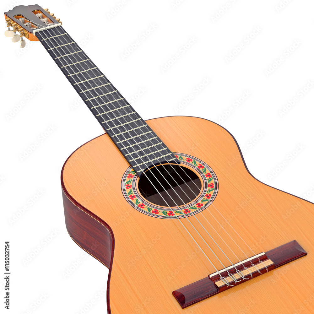 Classical guitar fingerboard with frets and nylon strings, zoomed view ...