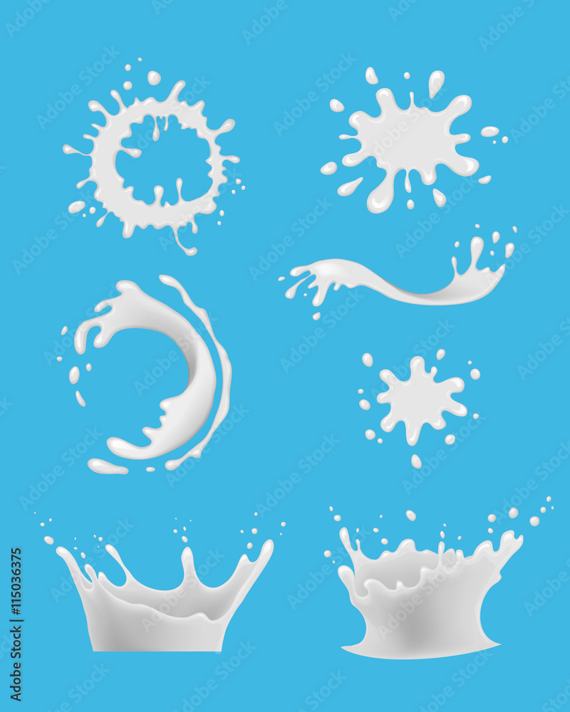 Set of milk splash screens. Milk stains. Dairy spots. Splashes and ...
