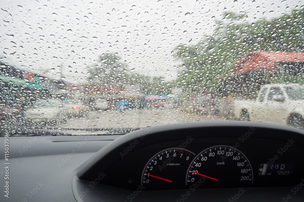 Drive in a rainy day, Rain drops on windshield car Stock Photo | Adobe ...