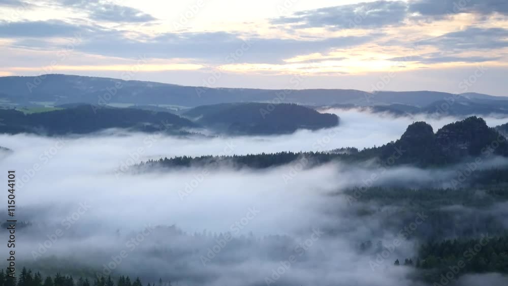 Spring misty morning in forest landscape. Majestic peaks cut lighting ...