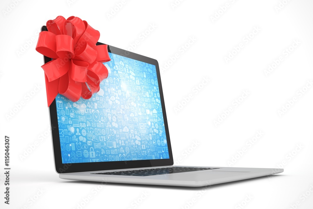 Laptop with red bow and blue screen. 3D rendering. Stock Illustration ...