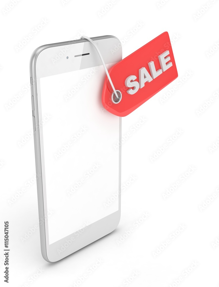 White smart phone with red price tag on white background ...