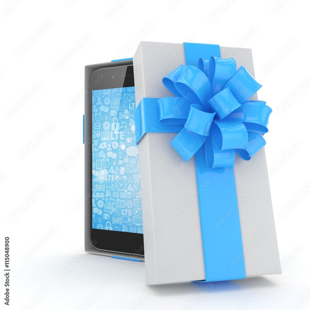 Smartphone in gift box. Isolated on white background. 3d rendering ...