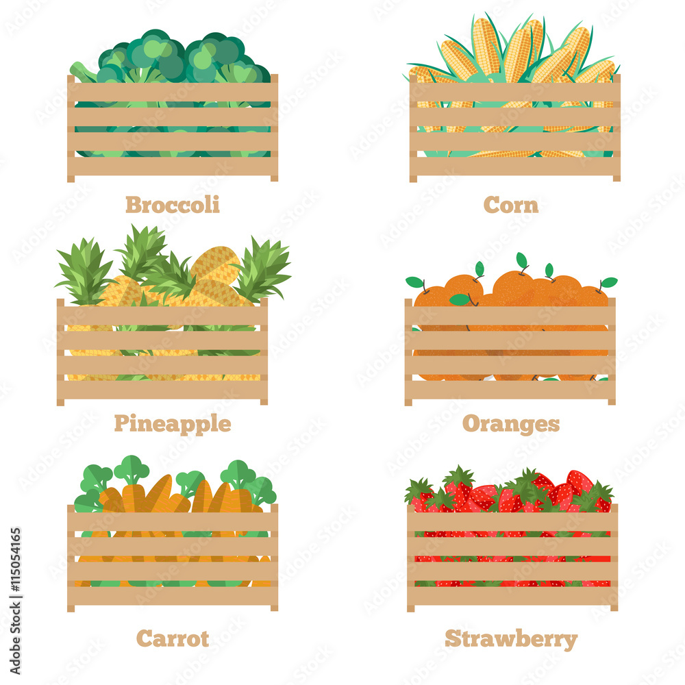 Wooden box with fruits and vegetables. Vector illustration of the ...