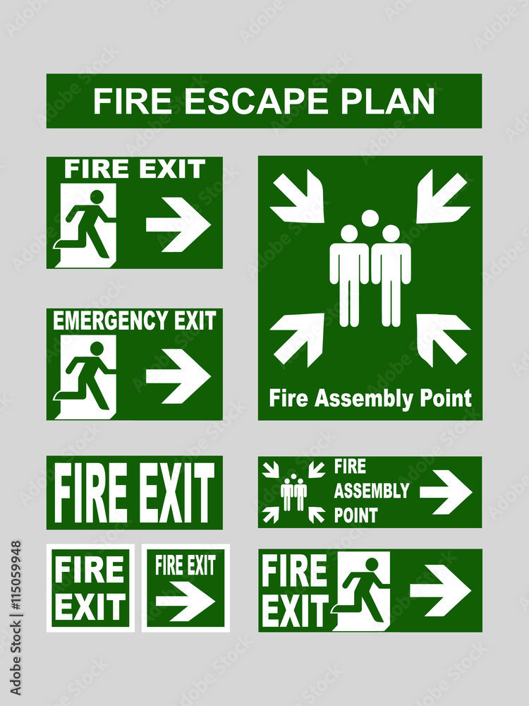 Set of emergency exit banners fire exit, emergency exit, fire assembly ...