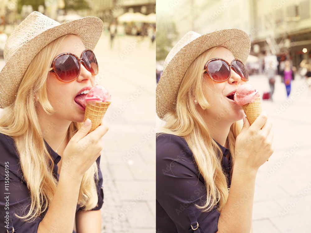 Woman eating ice-cream in the city Stock Photo | Adobe Stock