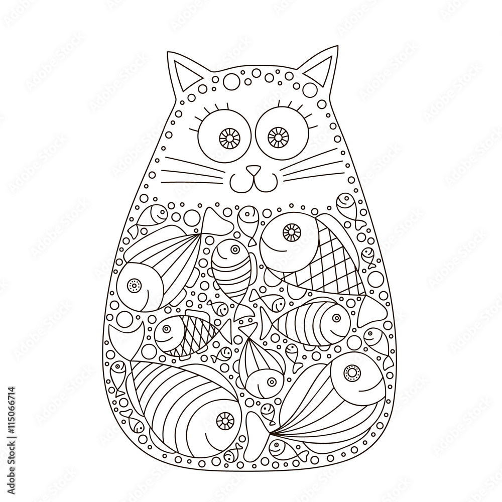 Cat and fish. Cute vector hand drawn cat with fish in stomach. Doodle ...