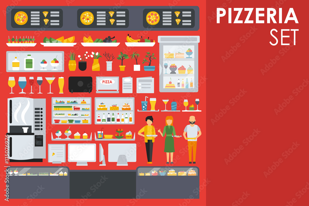 Vetor de Big detailed Pizzeria Interior flat icons set. Menu ...
