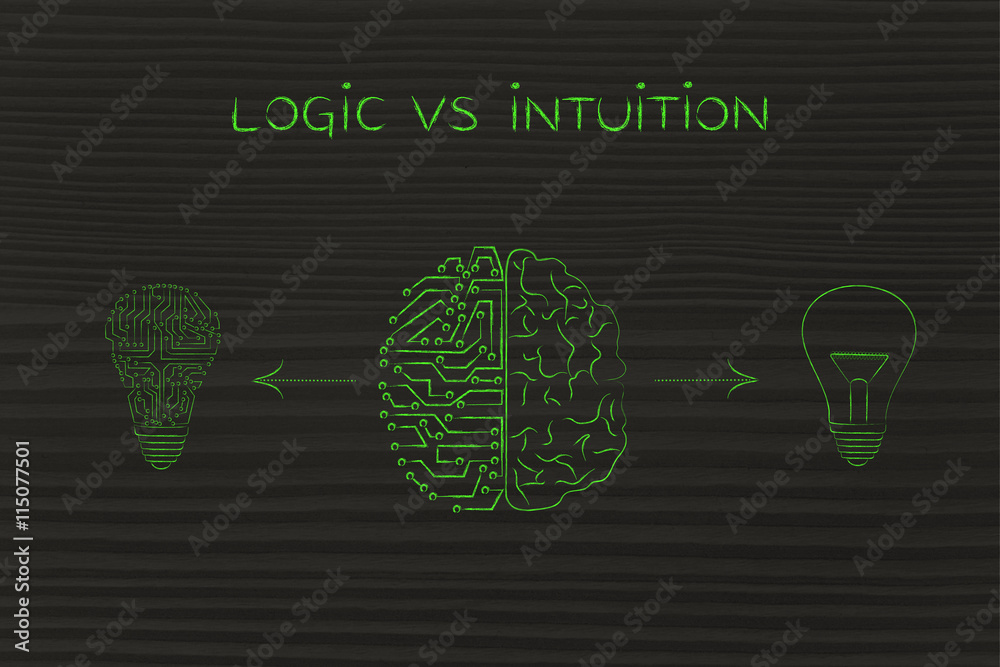 human & circuit brain having different ideas, logic vs intuition Stock ...