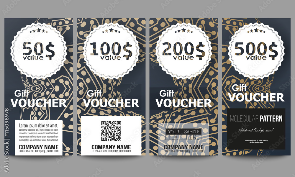 Set of modern gift voucher templates. Golden microchip pattern ...