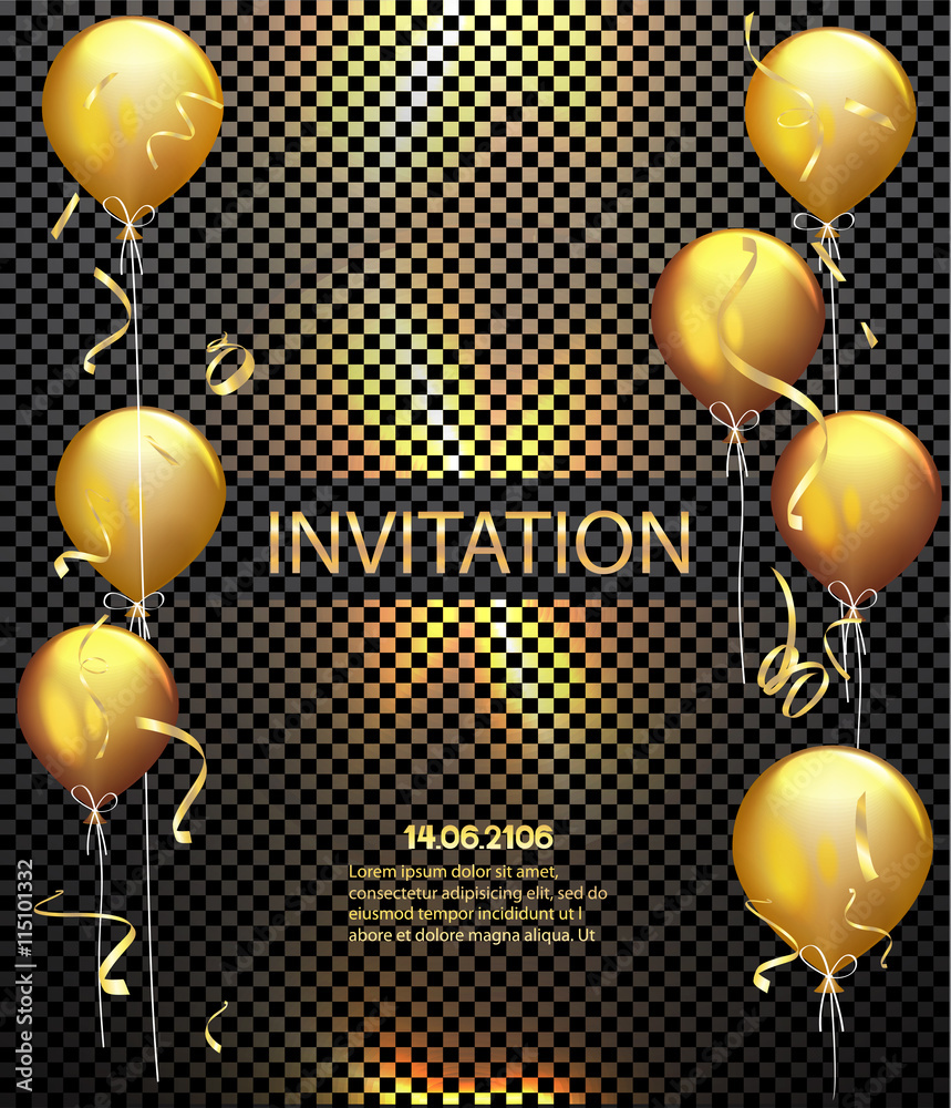 Invitation card. Party background. Gold shiny flying confetti and air ...