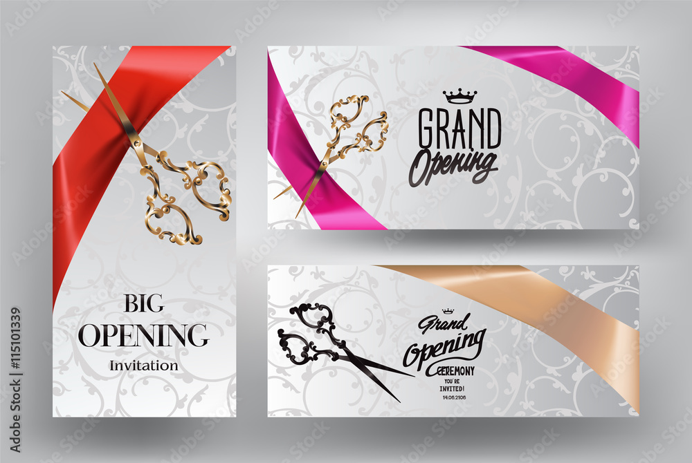 Ribbon cutting ceremony invitation cards with scissors and silk ribbons ...
