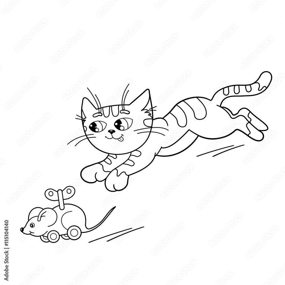 Coloring Page Outline Of cartoon cat playing with toy clockwork mouse ...