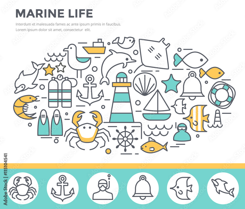 Marine life concept illustration, thin line flat design Stock Vector ...