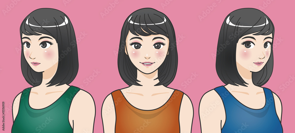 cartoon illustration set of various angle bust and face of a young girl ...