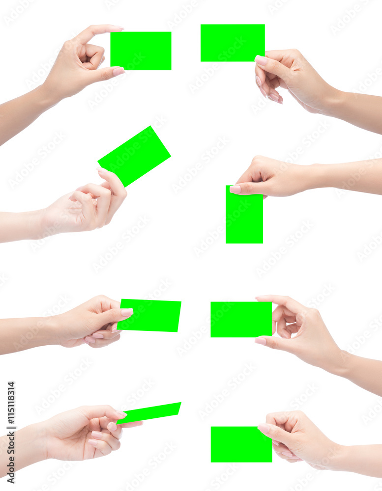 Set of hand holding business card isolated on white with clipping path ...