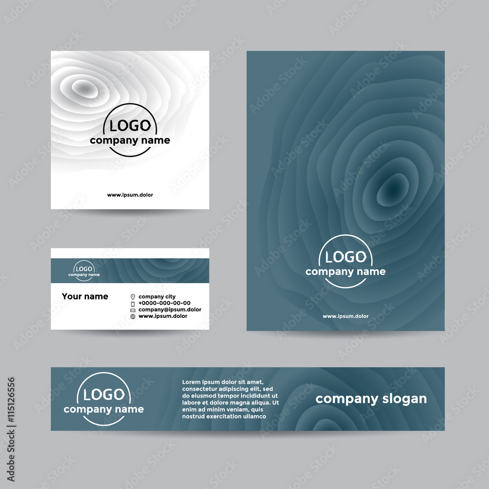 Blue wooden corporate set of business card, cover, and banner. Abstract ...