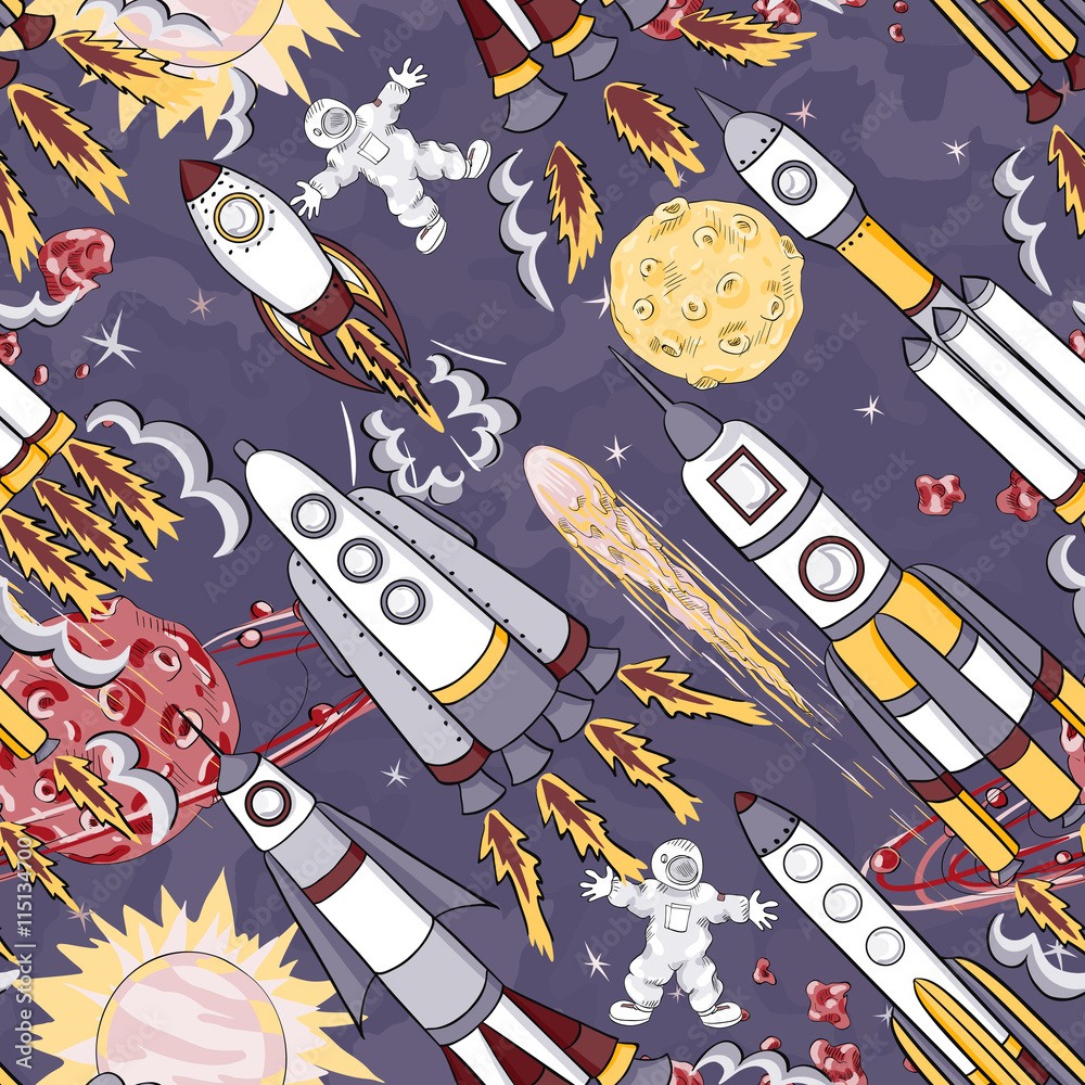 hand drawn cartoon space seamless pattern. rockets, spacemen, planets ...