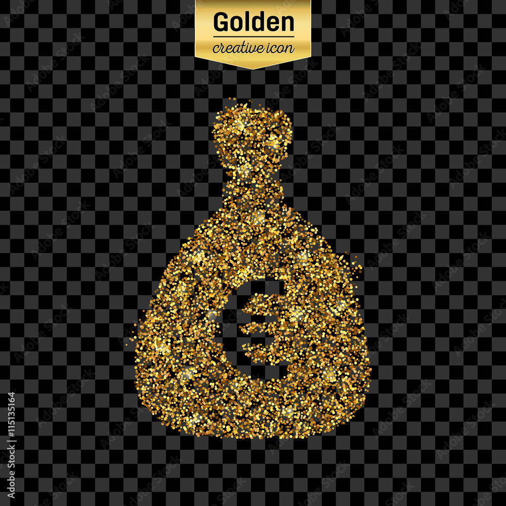 Gold glitter vector icon of money bag isolated on background. Art creative concept illustration ...