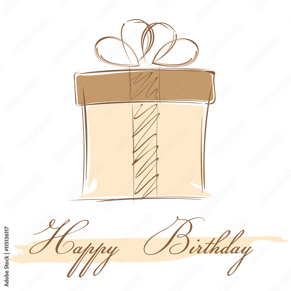 Happy birthday and brown gift box isolated on white card background ...